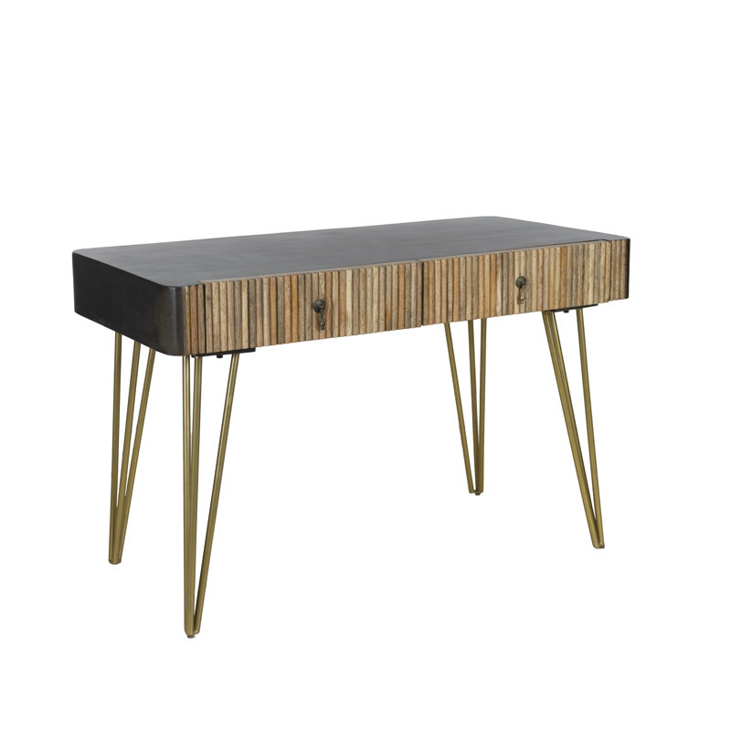 Contemporary Mango Wood Home Office Desk with Golden Metal Legs and Storage Drawers